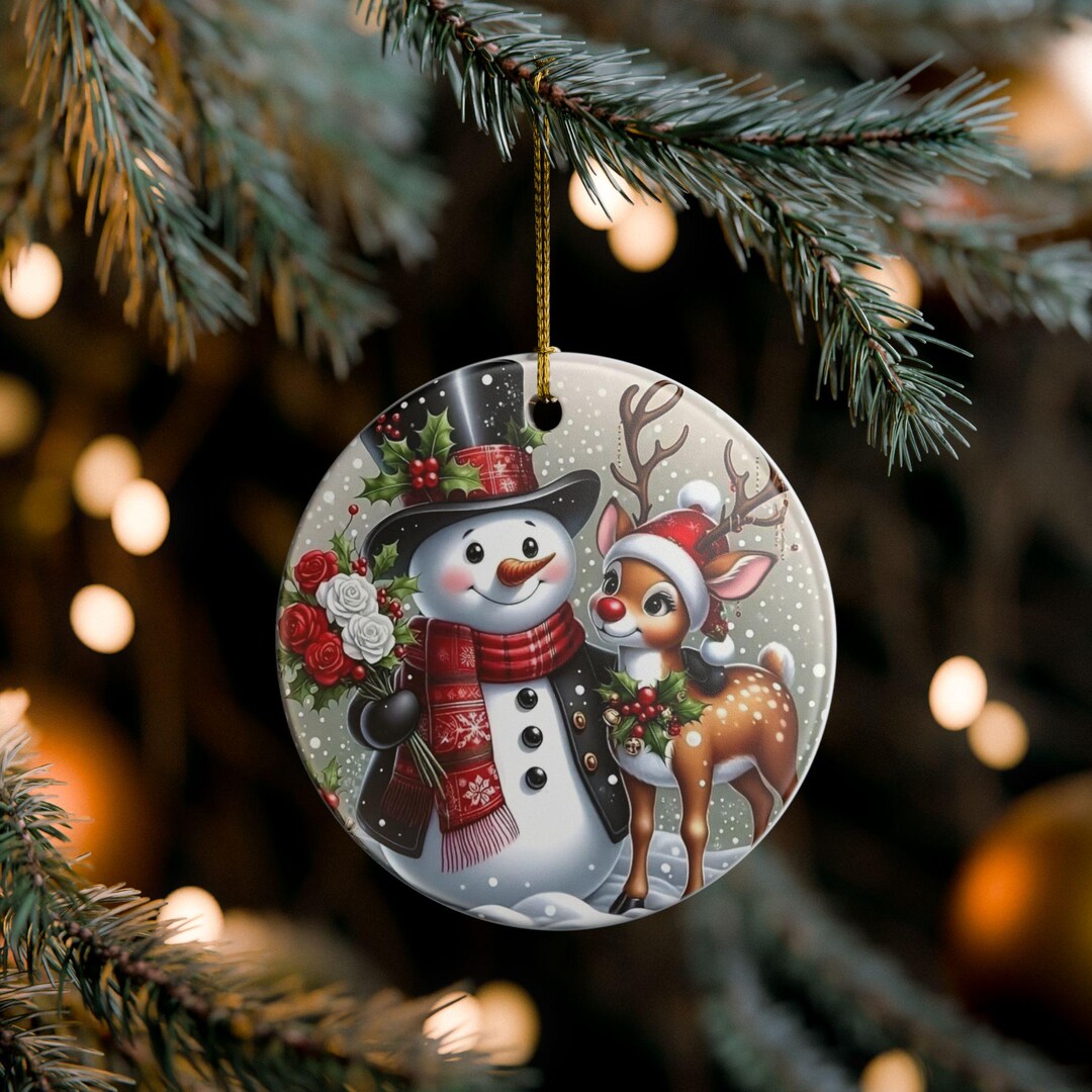 Snowman and Reindeer Christmas Tree Ornament, Personalized Holiday Gift ...