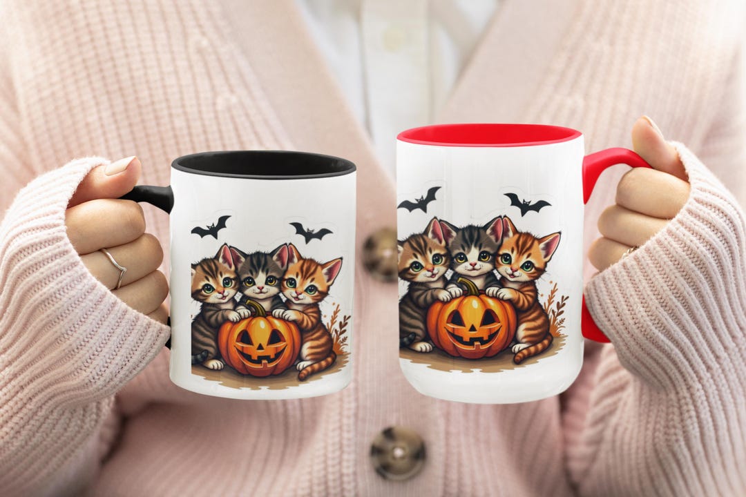 Halloween Cat Mug, Spooky Kitten Coffee Cup, Cute Pumpkin Mug Gift ...