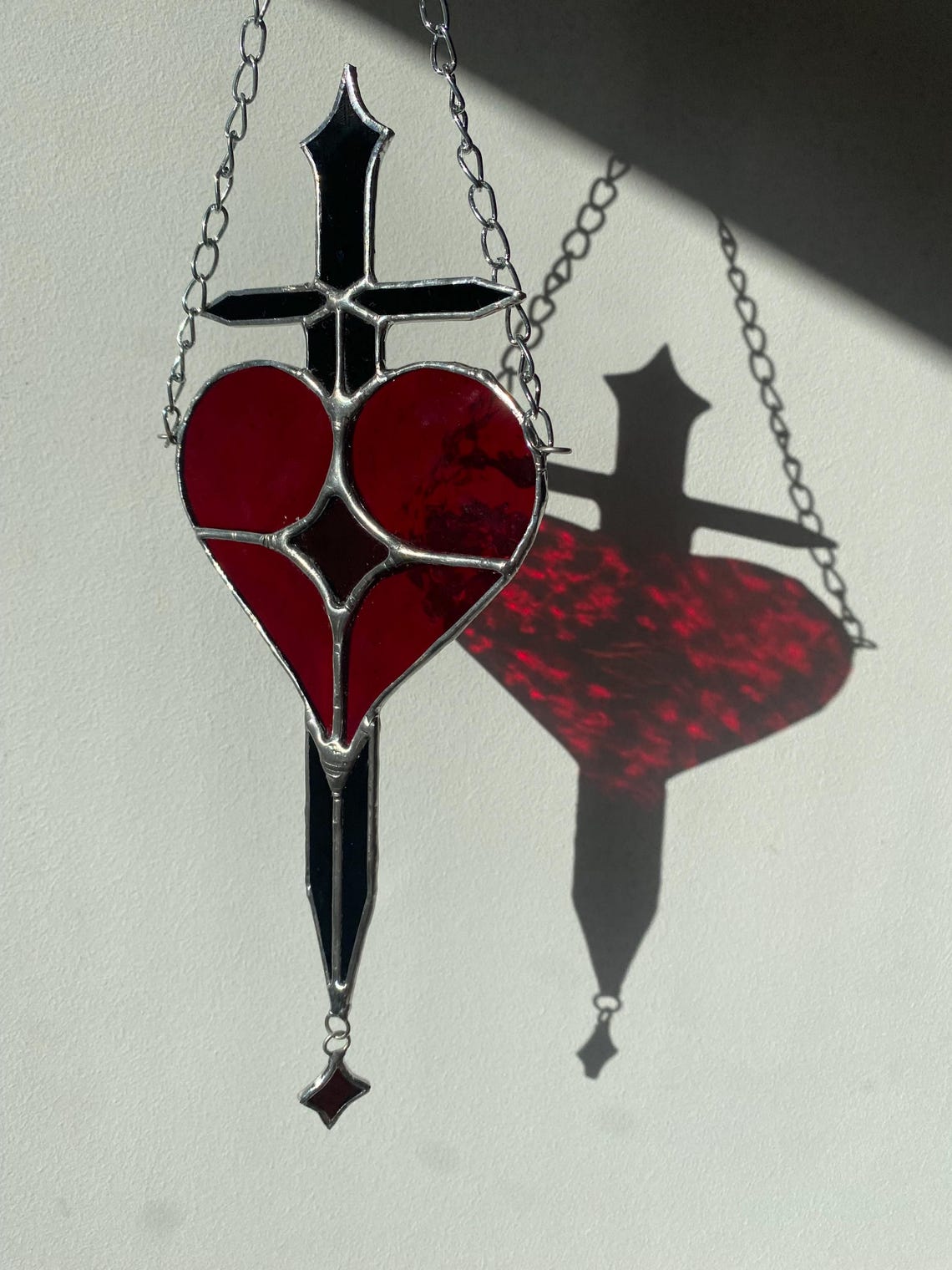 Medieval Gothic Stained Glass Panel | Red Heart Suncatcher With Star ...