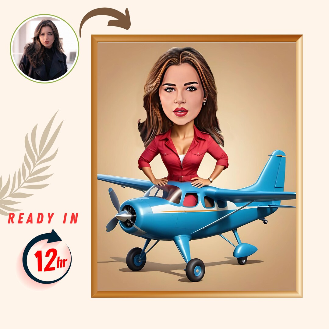 Personalized Caricature of Young Woman Flying Cartoon Airplane – Custom ...