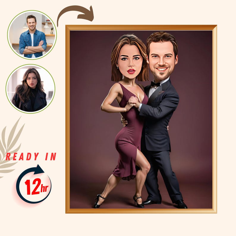 Personalized Ballroom Dance Caricature, Custom Tango Pose, Wall Art ...