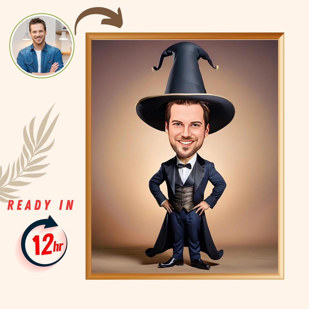 Personalized Caricature of a Young Man Magician Comically Large Magic ...