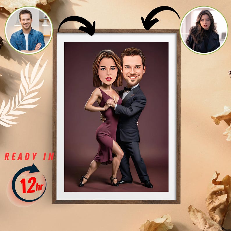Personalized Ballroom Dance Caricature, Custom Tango Pose, Wall Art ...