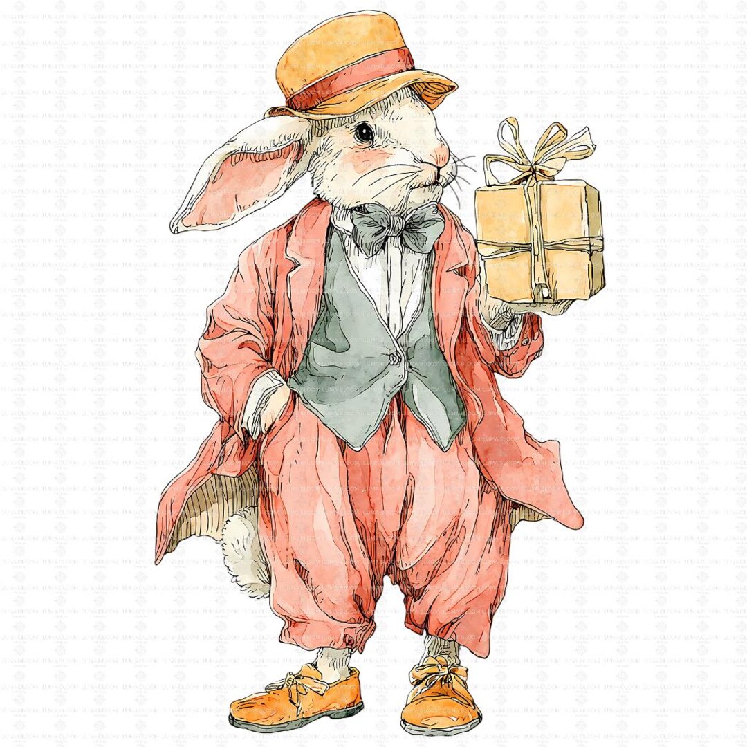 10 Watercolor Dapper Bunny Clipart, Vintage Rabbit With Gift PNG ...