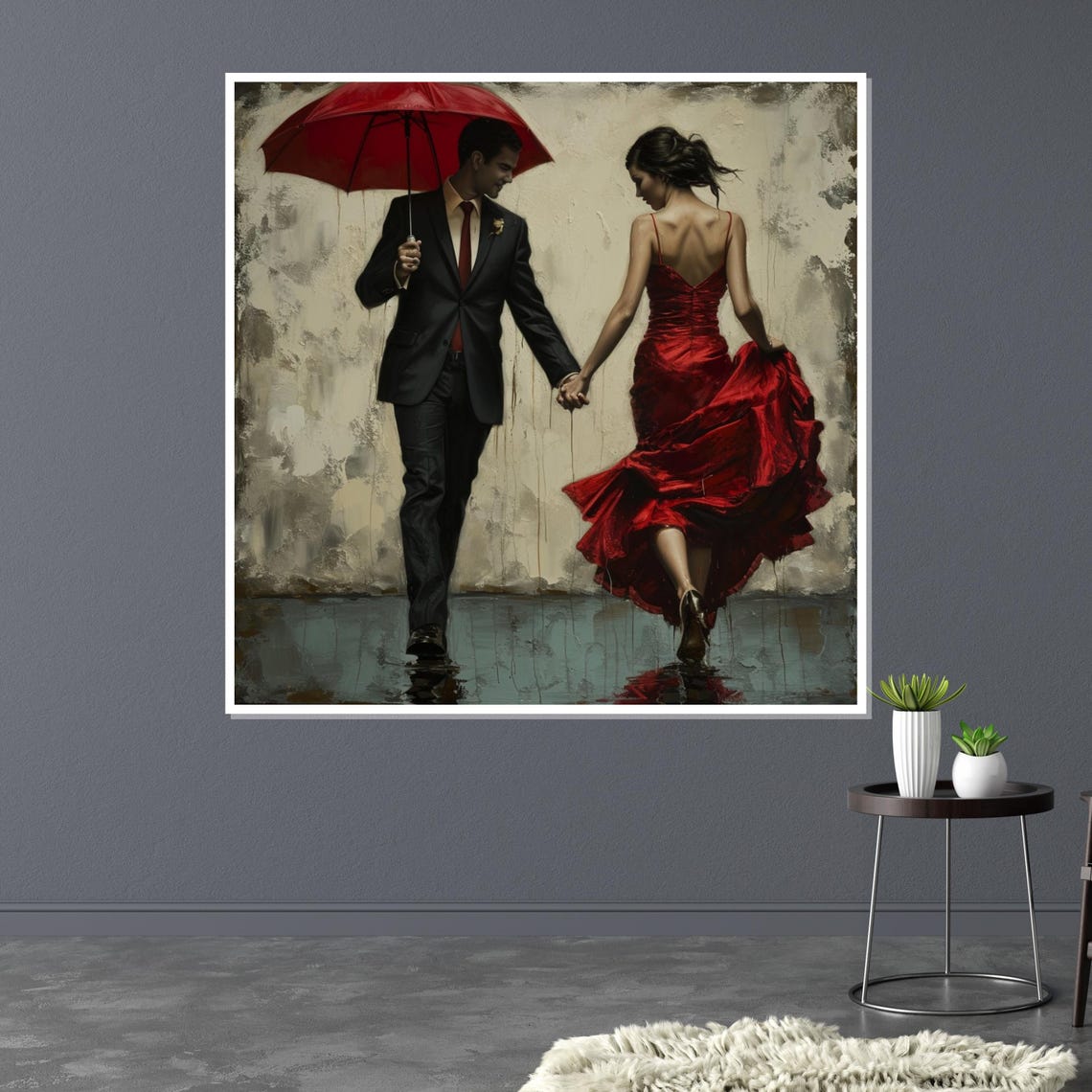 Romantic Stroll, Couple Under Red Umbrella Canvas, Dance Wall Art ...