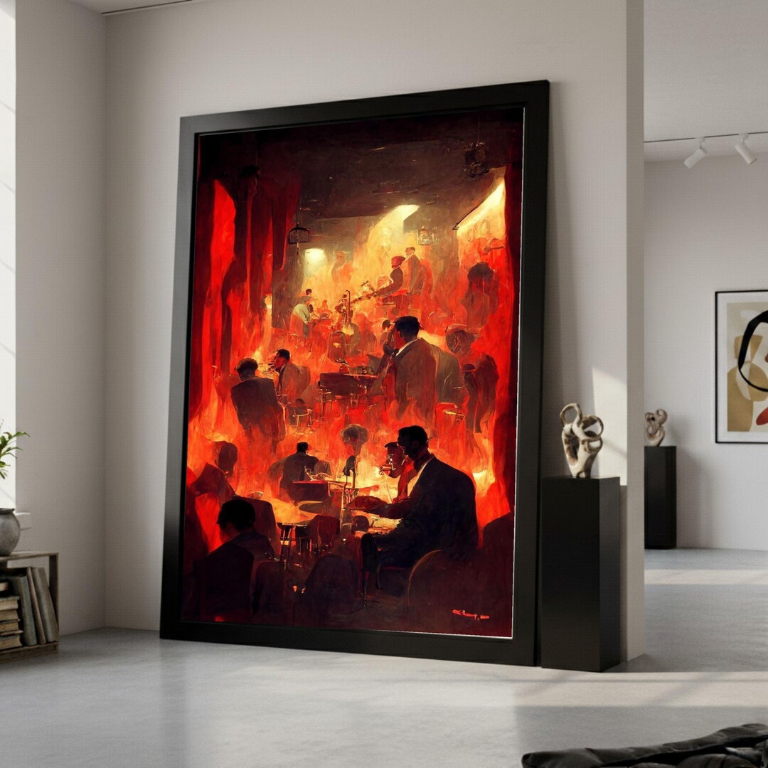 Vintage Jazz Club Scene Canvas, Intense Red Flames Art, Silhouetted ...