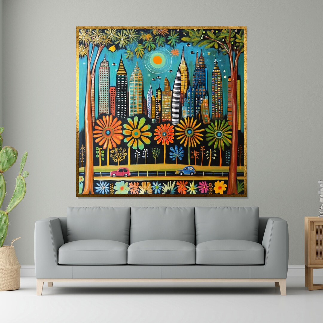 Colorful Cityscape Canvas, Urban Skyline Art, Vibrant Flower City Wall ...