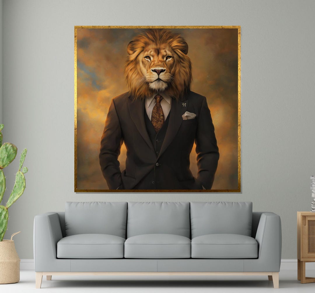 Noble Suited Lion Canvas, Lion in Suit Wall Art, Animal Portrait Canvas ...
