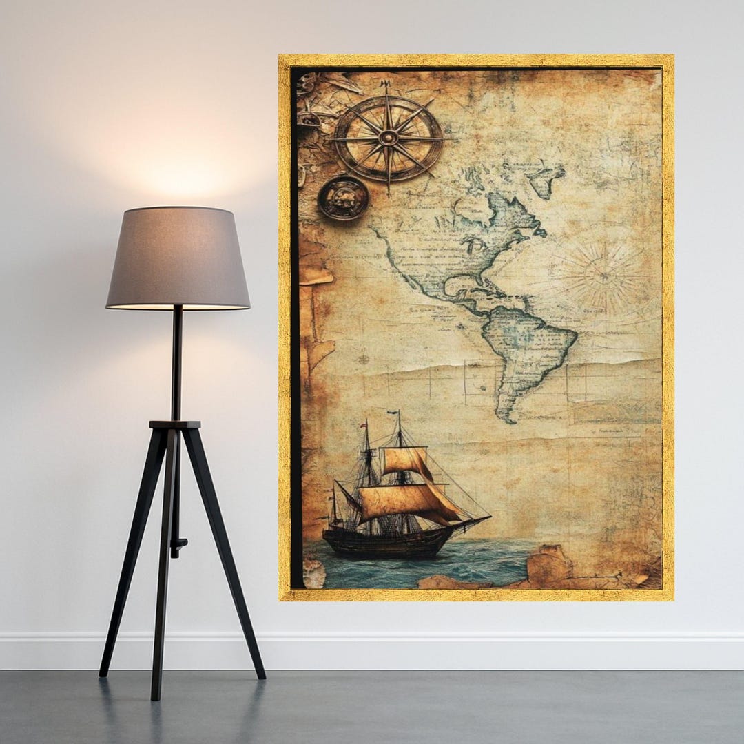 Vintage Nautical Map Canvas, Antique Ship and Compass Wall Art, Old ...
