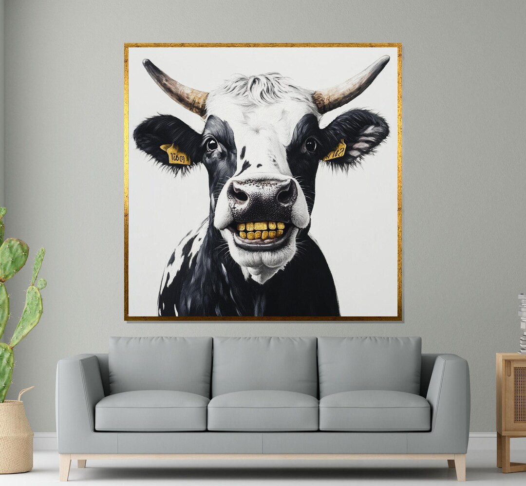 Grinning Cow Canvas, Fancy Cow Wall Art, Animal Print, Quirky Canvas ...