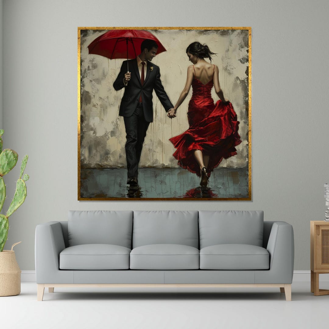 Romantic Stroll, Couple Under Red Umbrella Canvas, Dance Wall Art ...