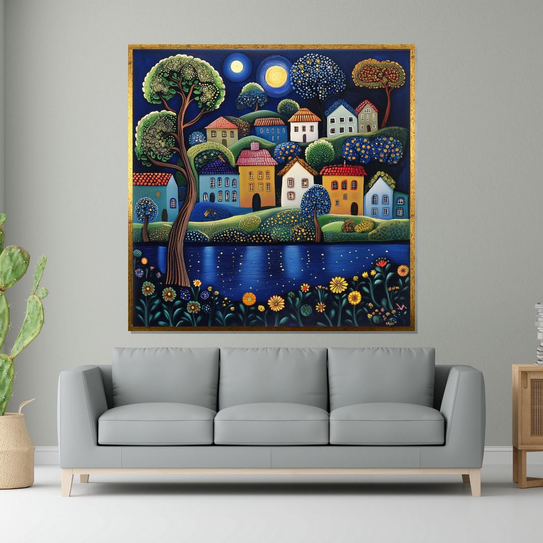 Whimsical Village Nightscape Print, Colorful House Canvas, Dreamy Night ...