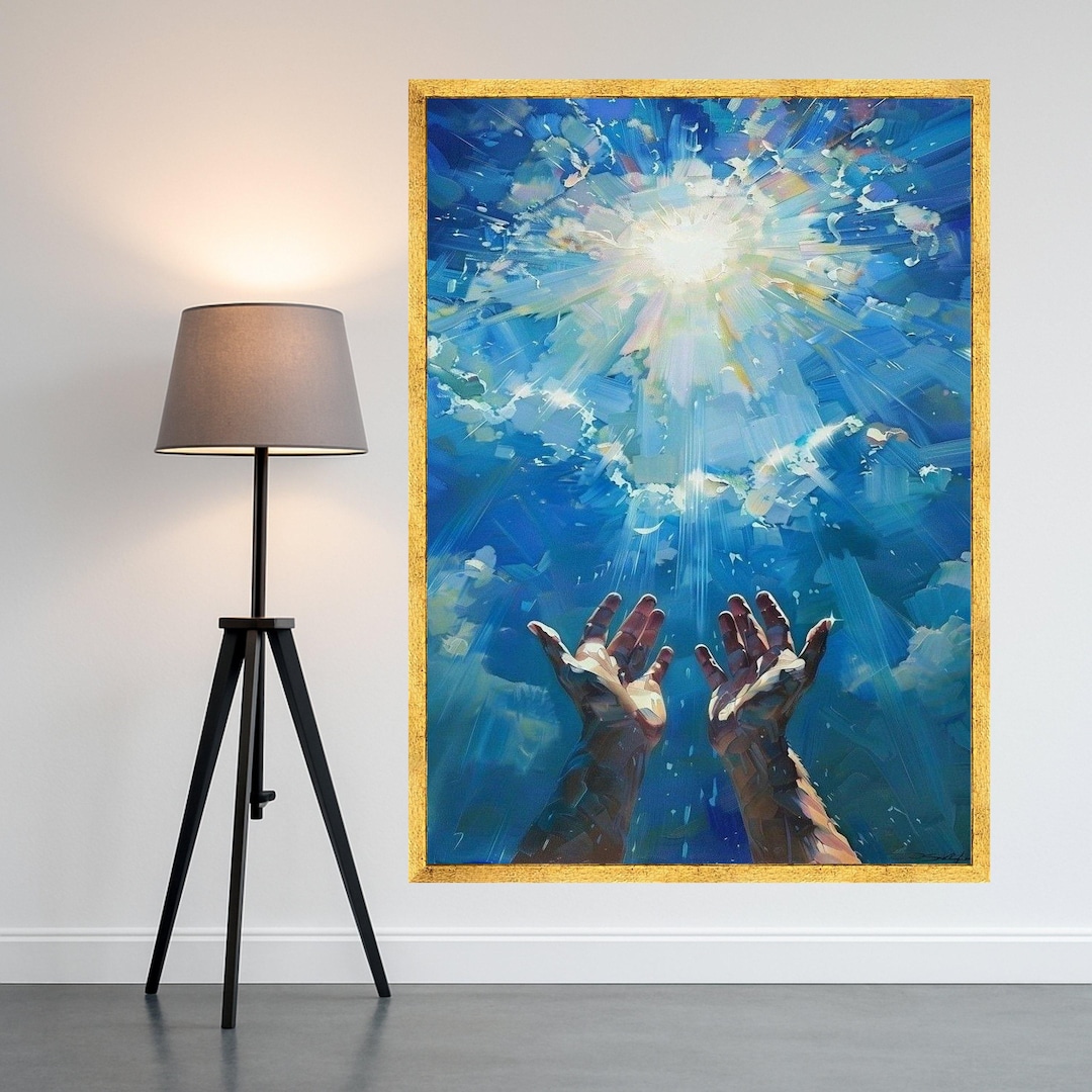 Reaching Hands to Light, Spiritual Canvas Wall Art, Blue Sky Rays ...