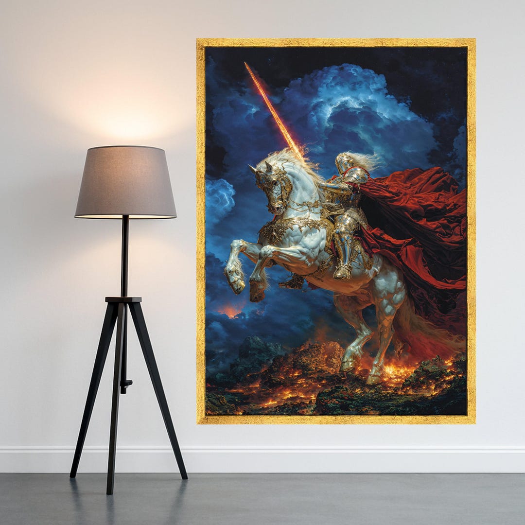 Epic Knight on White Horse Canvas, Fantasy Warrior Wall Art, Medieval ...
