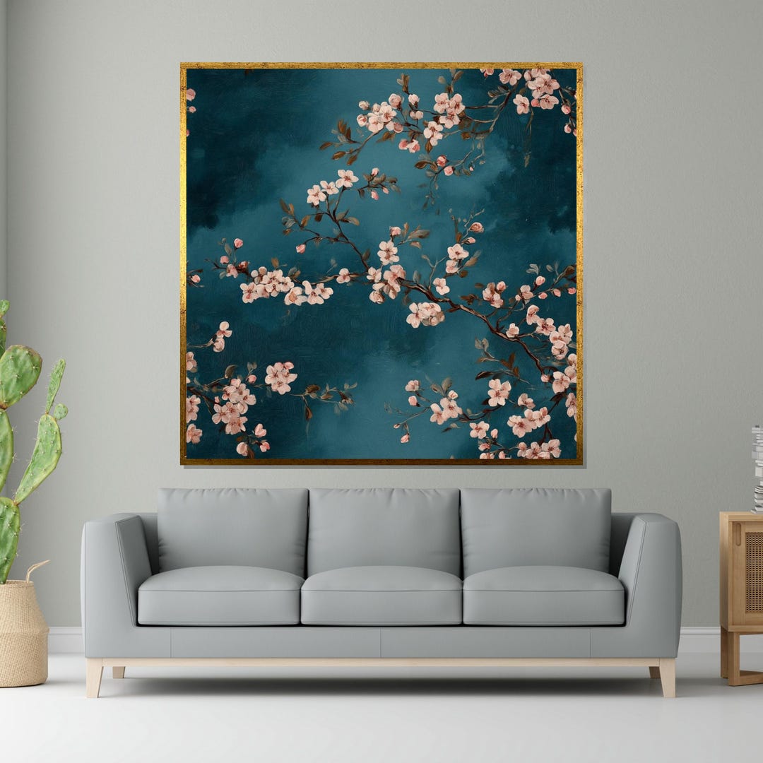Cherry Blossom Canvas, Floral Wall Art, Teal Flower Print, Botanical ...