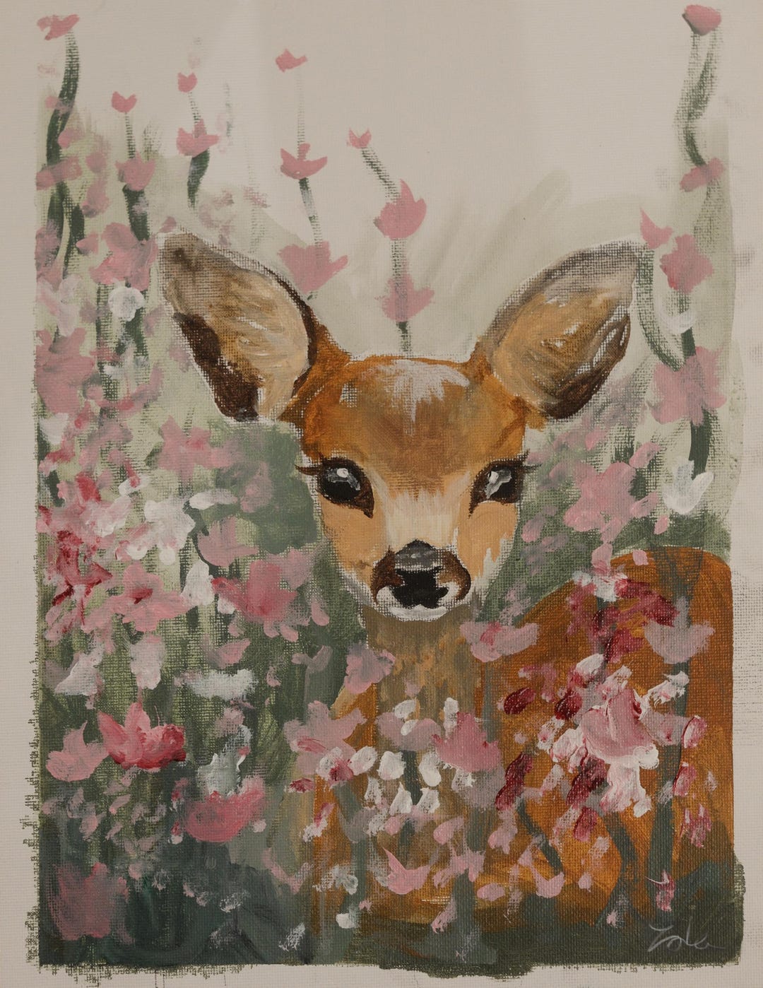 8.5x11" Deer in Pink Flowers Painting- Child Artist- Fine Art Print - Etsy