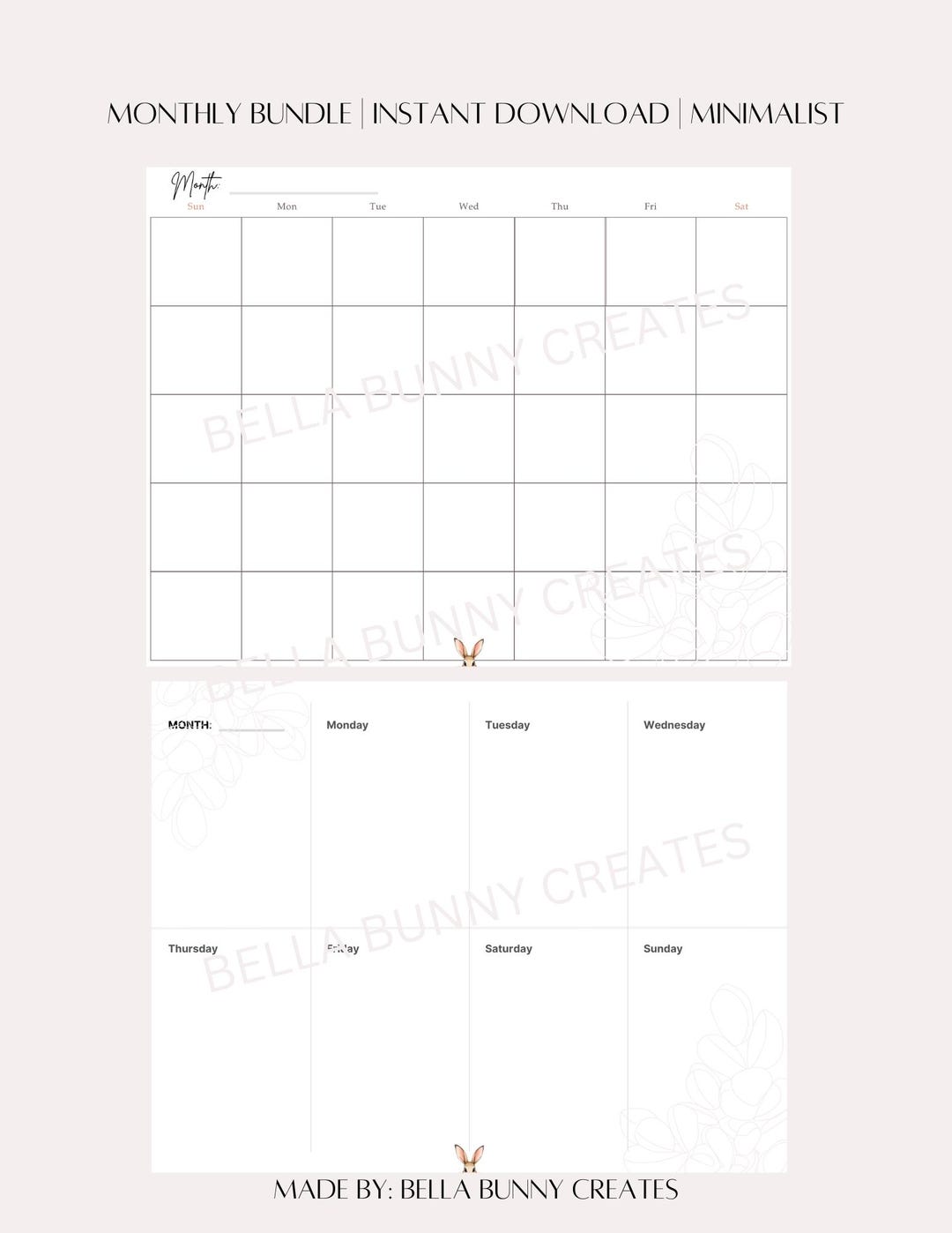 Minimalist Undated Monthly & Weekly Digital Planner Printable PDF With ...
