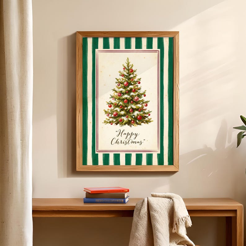 Vintage Green Christmas Tree Art, Cozy Holiday Printable (digital ...
