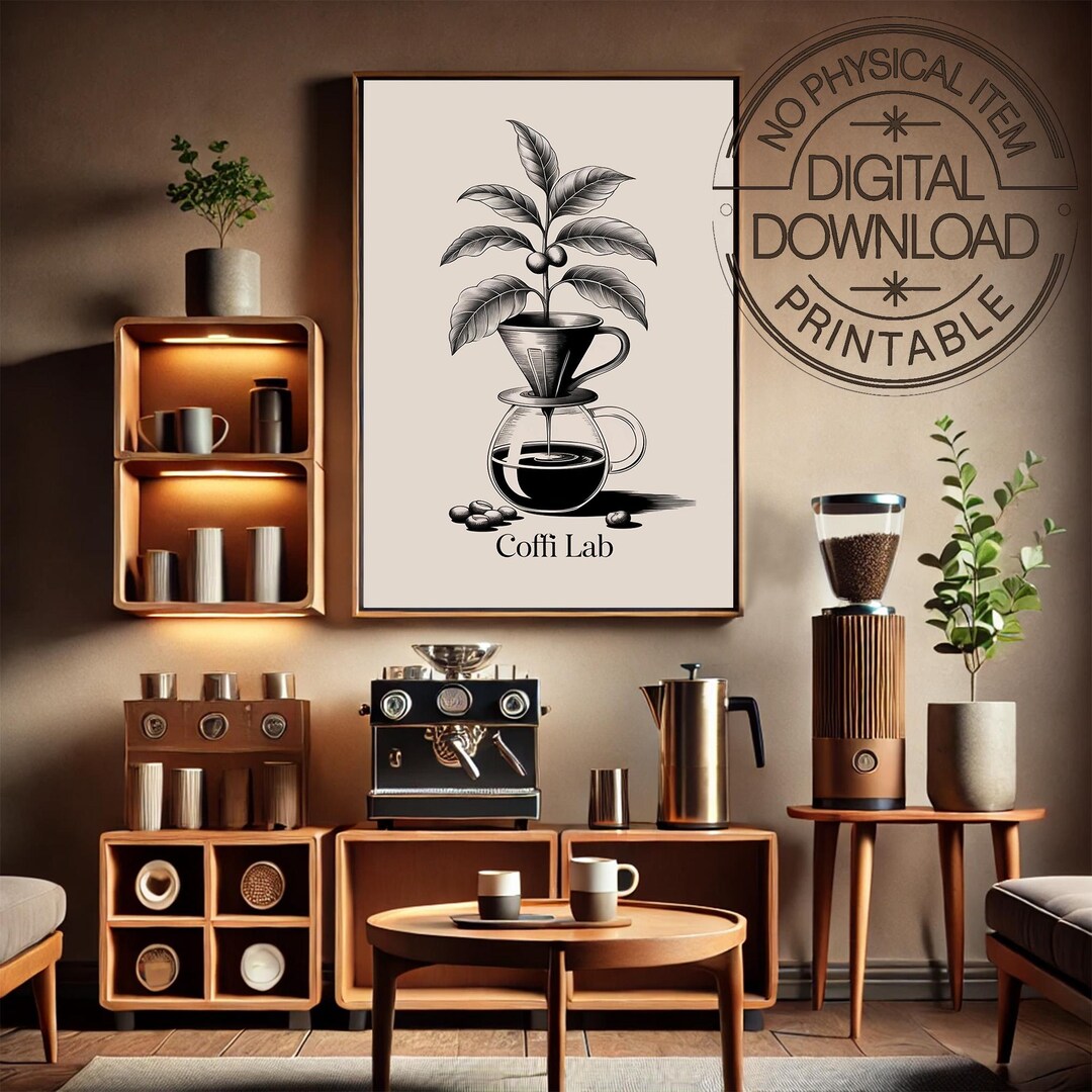 Coffi Lab Black and White Digital Print | Hand-drawn Coffee Plant Pour ...