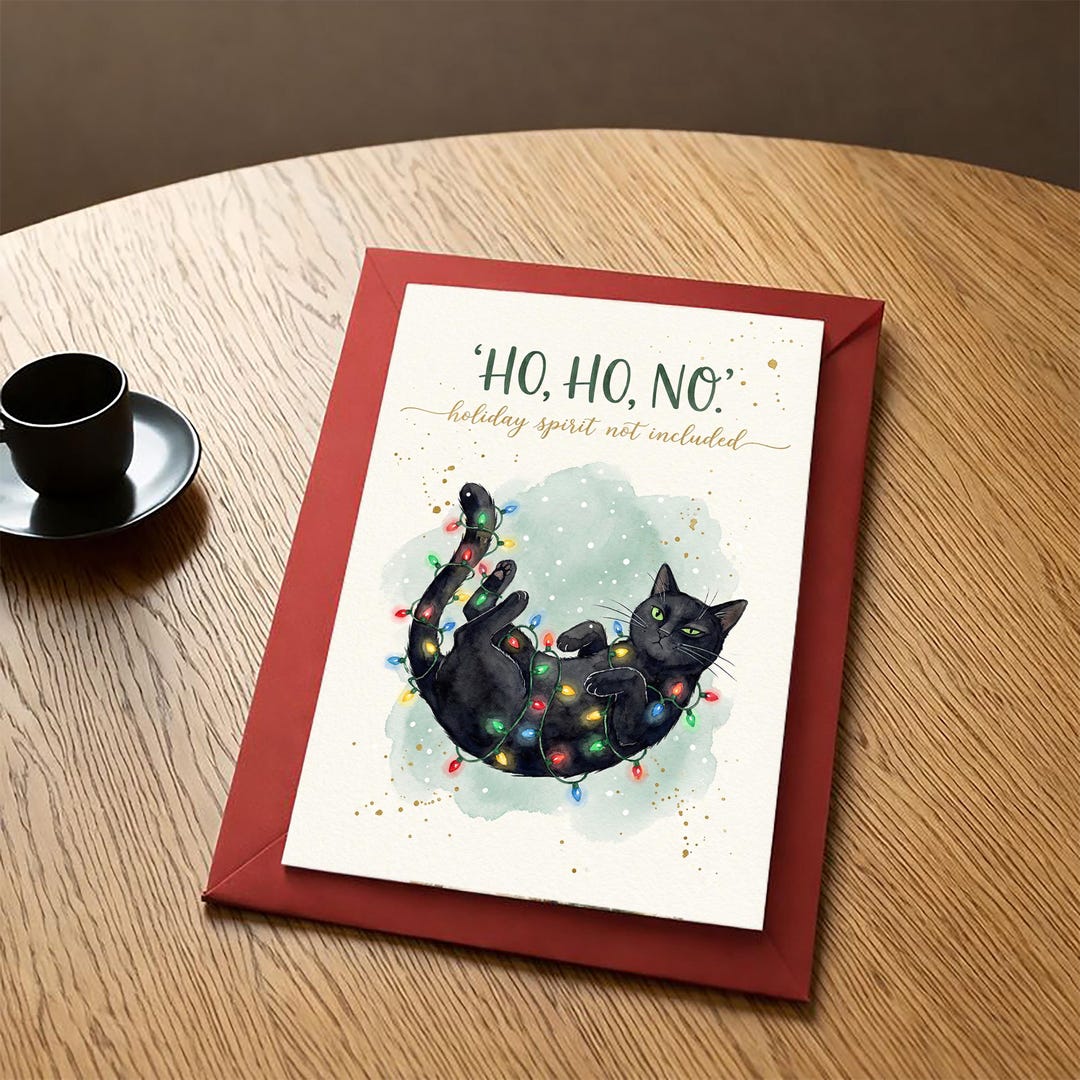 Printable Funny Cat Christmas Card, Ho Ho No Black Cat With Lights ...