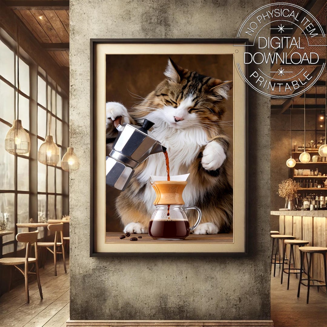 Cat Art Print Fluffy Tabby Cat Making Coffee in Moka Pot & Chemex Whimsical Cat Coffee Print ...