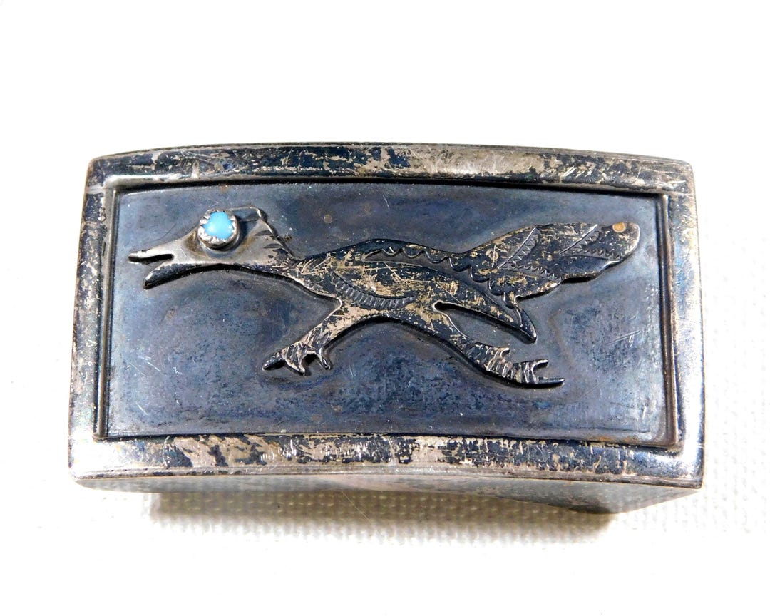 Native American Sterling Overlay Turquoise Roadrunner Belt Buckle ...