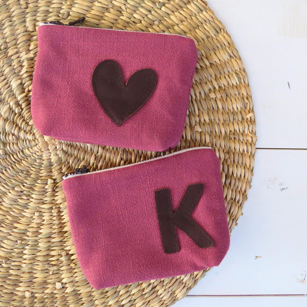 Monogram Leather Zipper Pouch • Custom Initial Pouch • Dusty Pink Mini ...