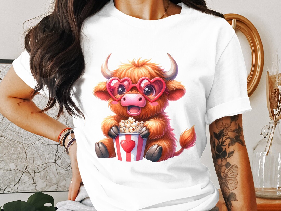 Cute Highland Cow in Heart Glasses Eating Popcorn Design, Adorable Cow ...