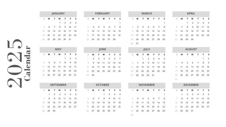2025 Calendar, Monthly Planner, Landscape, Simple, Monthly Calendar, A4 ...