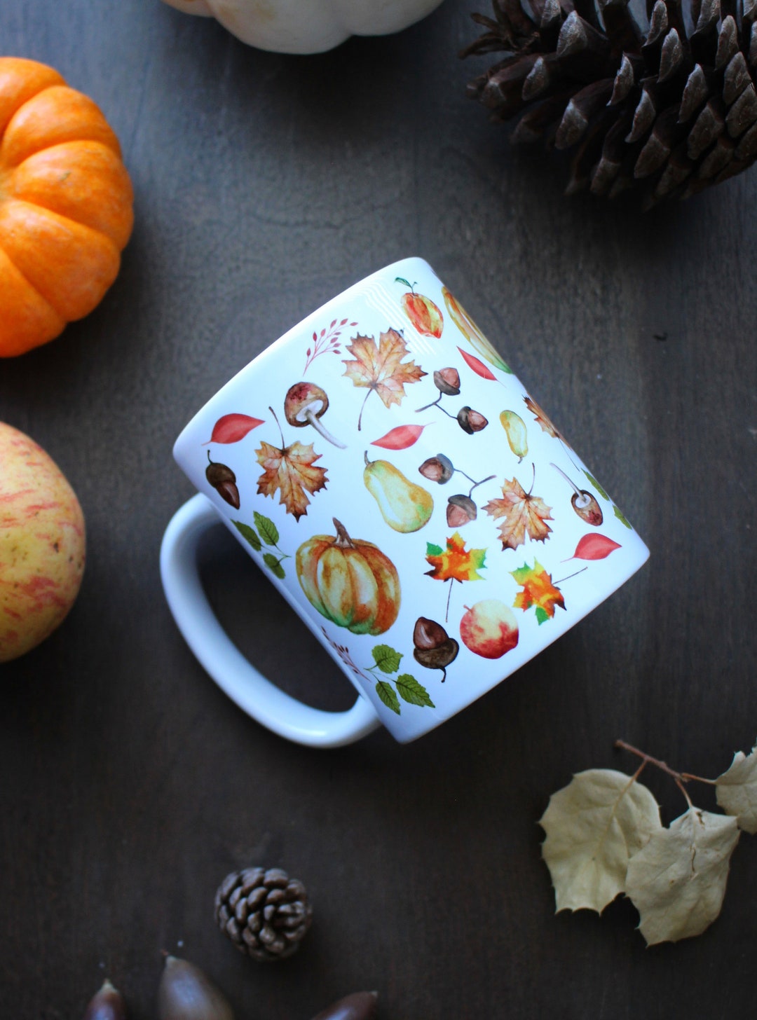 Fall Themed Coffee Cup • Autumn Harvest Mug • Pumpkins, Apples, Acorns ...