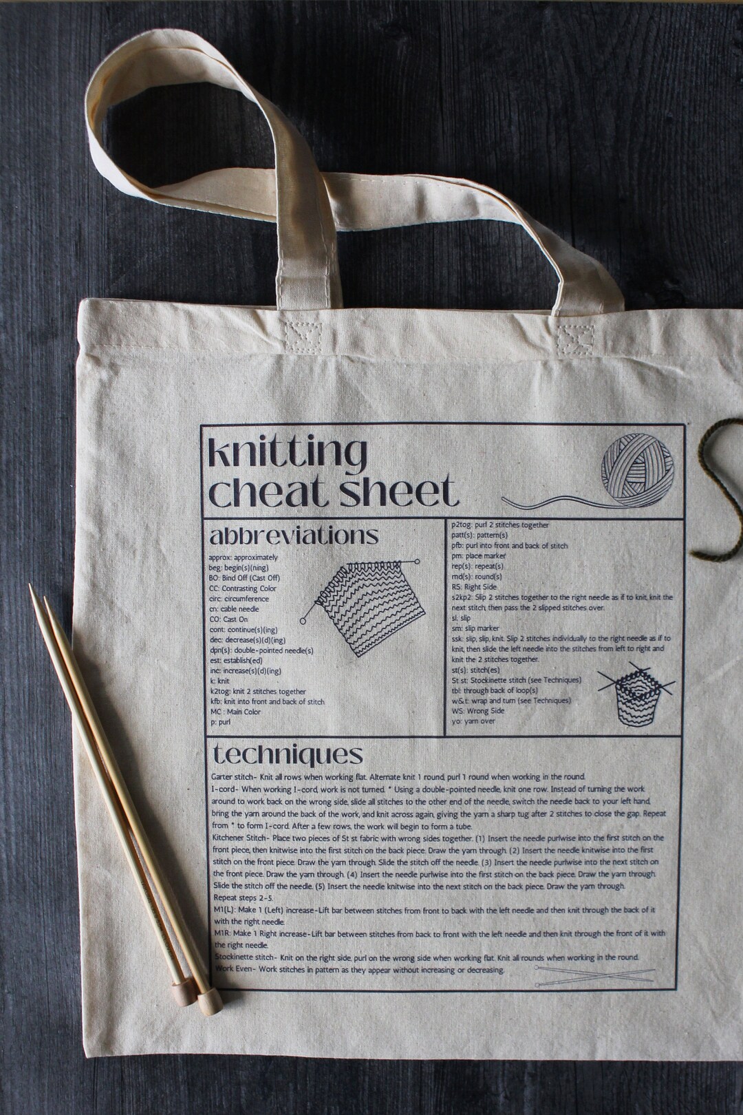 Knitting Cheat Sheet Tote • Craft Project Bag • Cotton Canvas Yarn Bag • Gift Idea for Knitter ...
