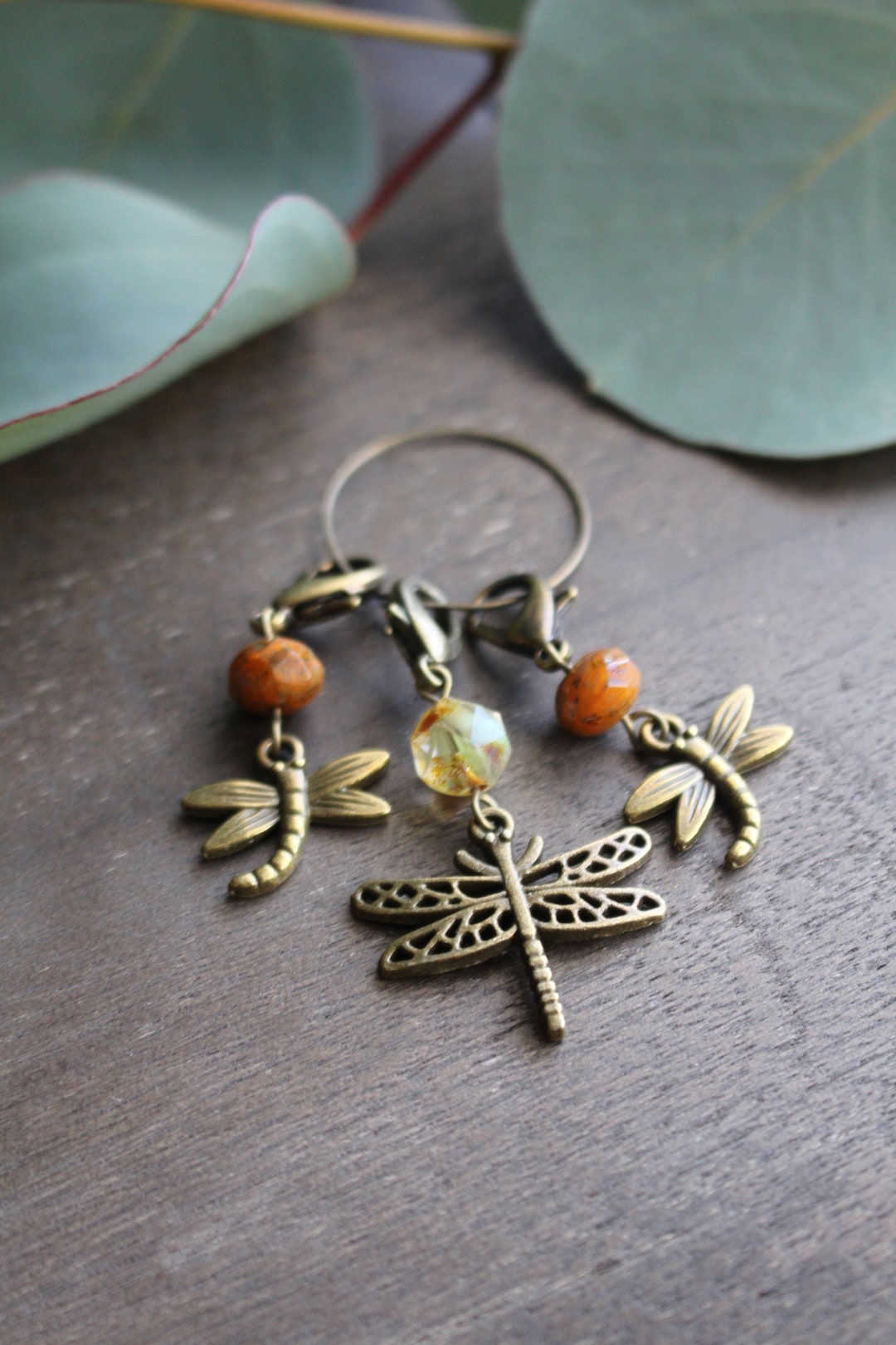 Dragonfly Trio Progress Keeper Set • Unique Brass and Bead Progress Keeper Trio • Knitting Gift ...