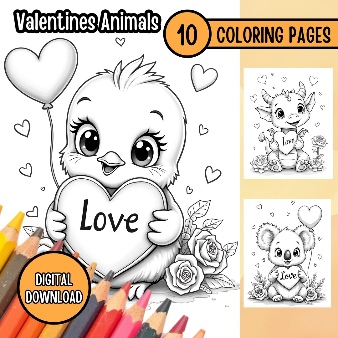 Valentine Animals Coloring Book, Cute Valentine Animals Pages for Kids ...