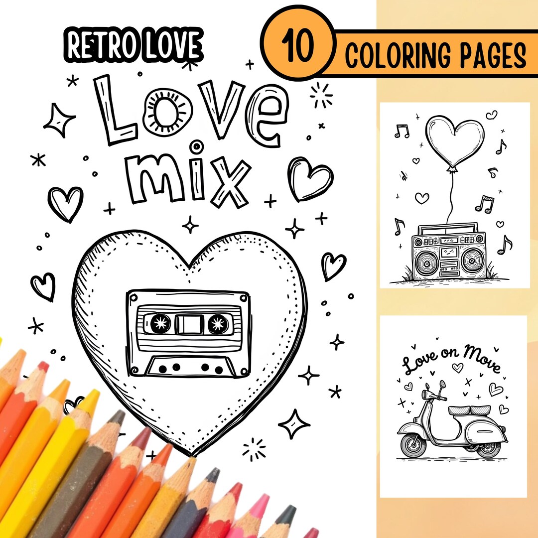 Printable Retro Valentine's Day Coloring Book, Nostalgic Love Coloring Pages, Bold and Easy ...