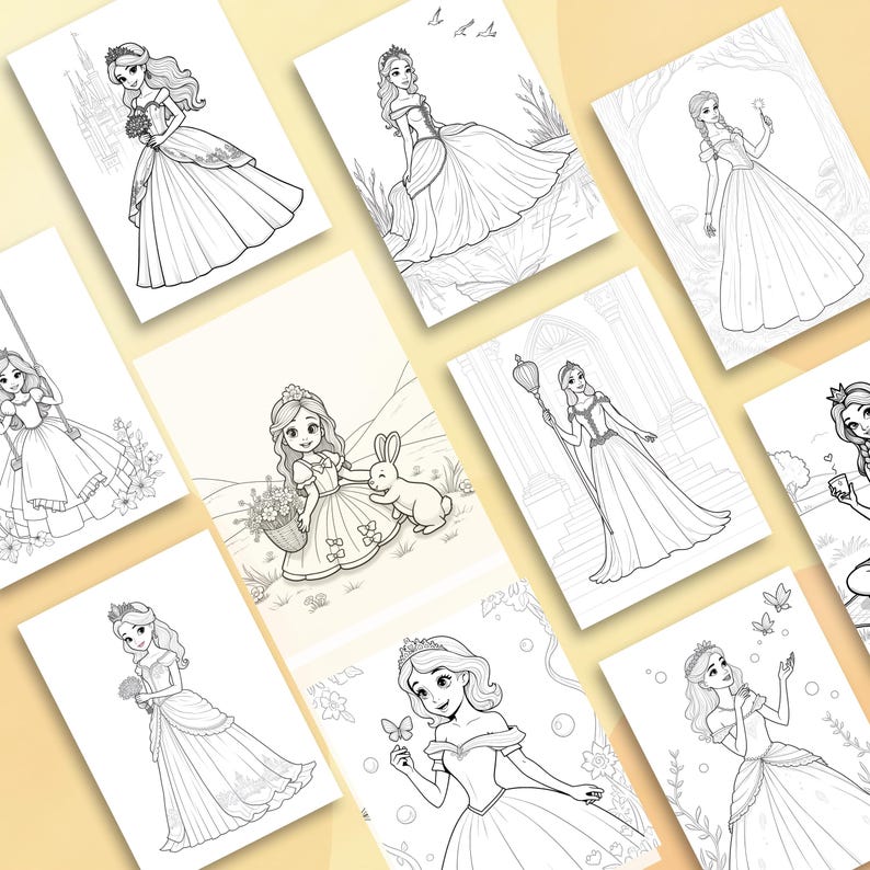 Beautiful Princess Coloring Book, Fairy Tale Coloring Pages, Digital ...