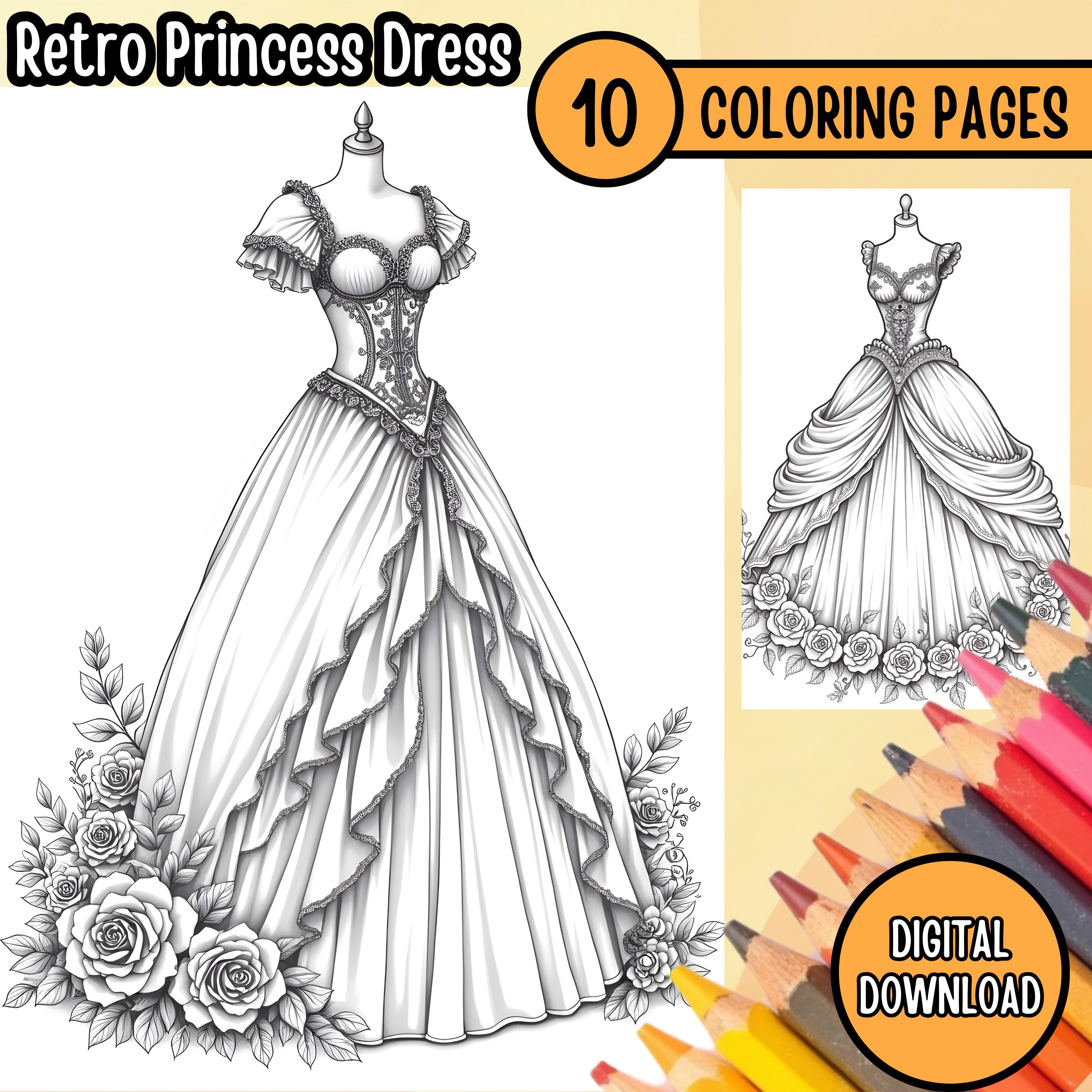 Princess Dress Coloring Book, Princess Ball Gown, Printable Vintage ...