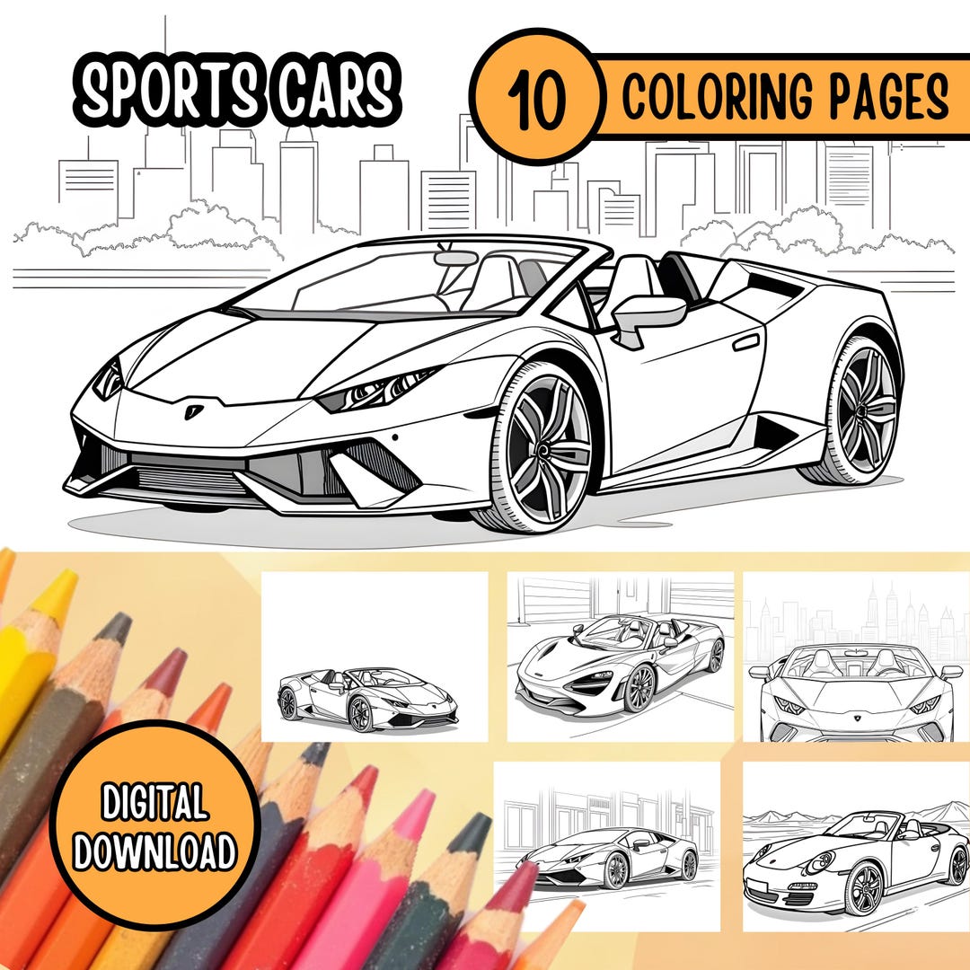 Sports Cars Coloring Book, Printable PDF for Kids, Fun and Relaxing Car ...