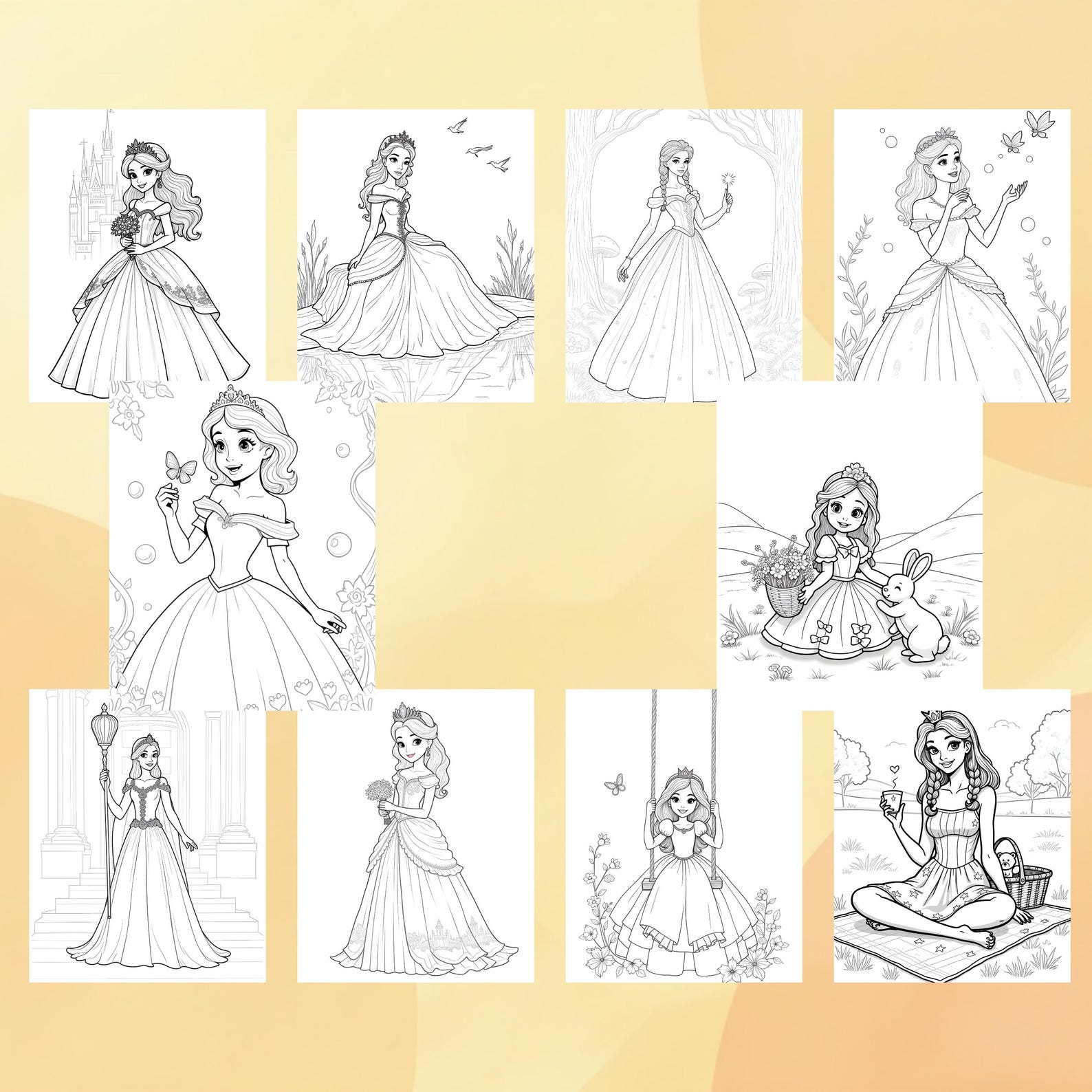 Beautiful Princess Coloring Book, Fairy Tale Coloring Pages, Digital ...