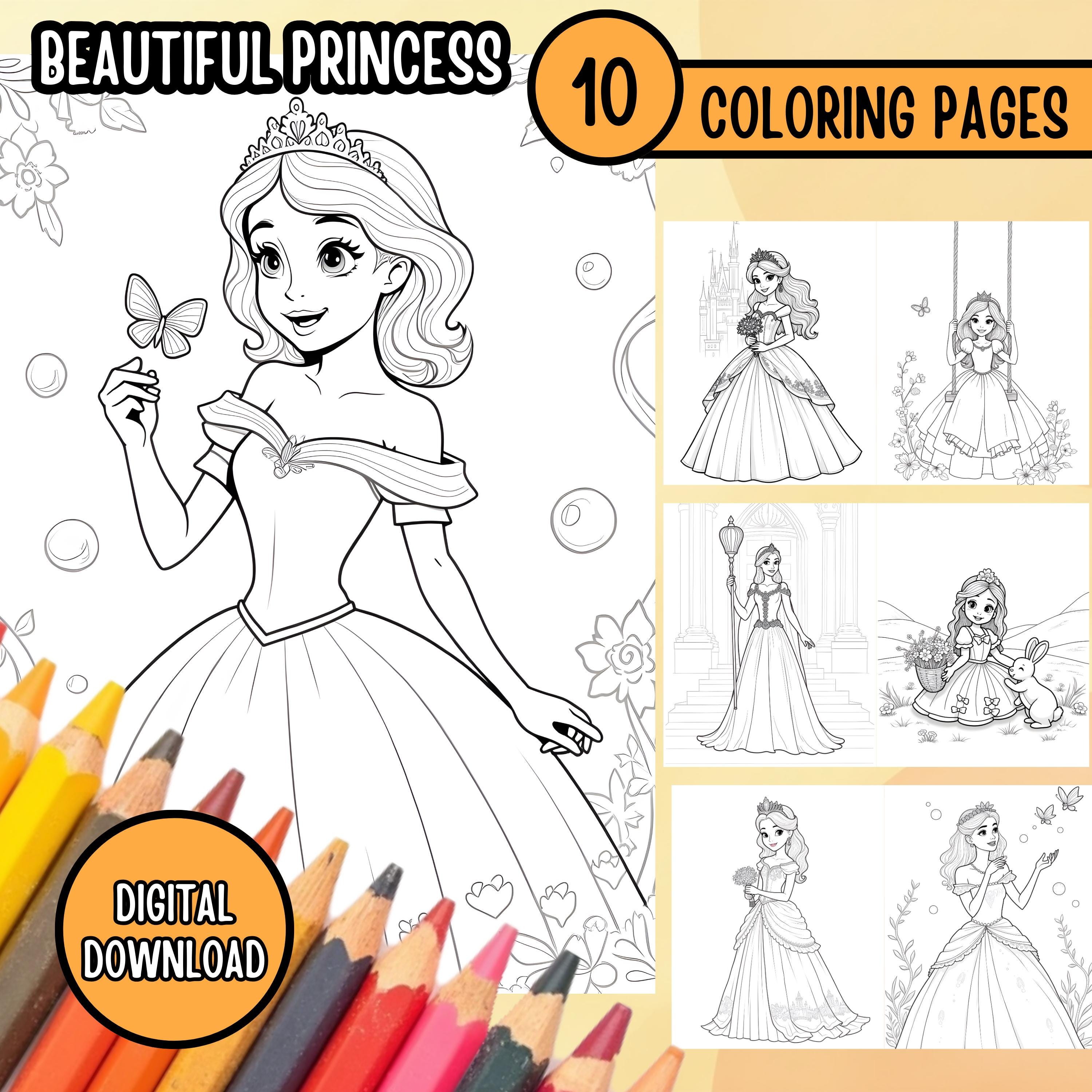Beautiful Princess Coloring Book, Fairy Tale Coloring Pages, Digital ...