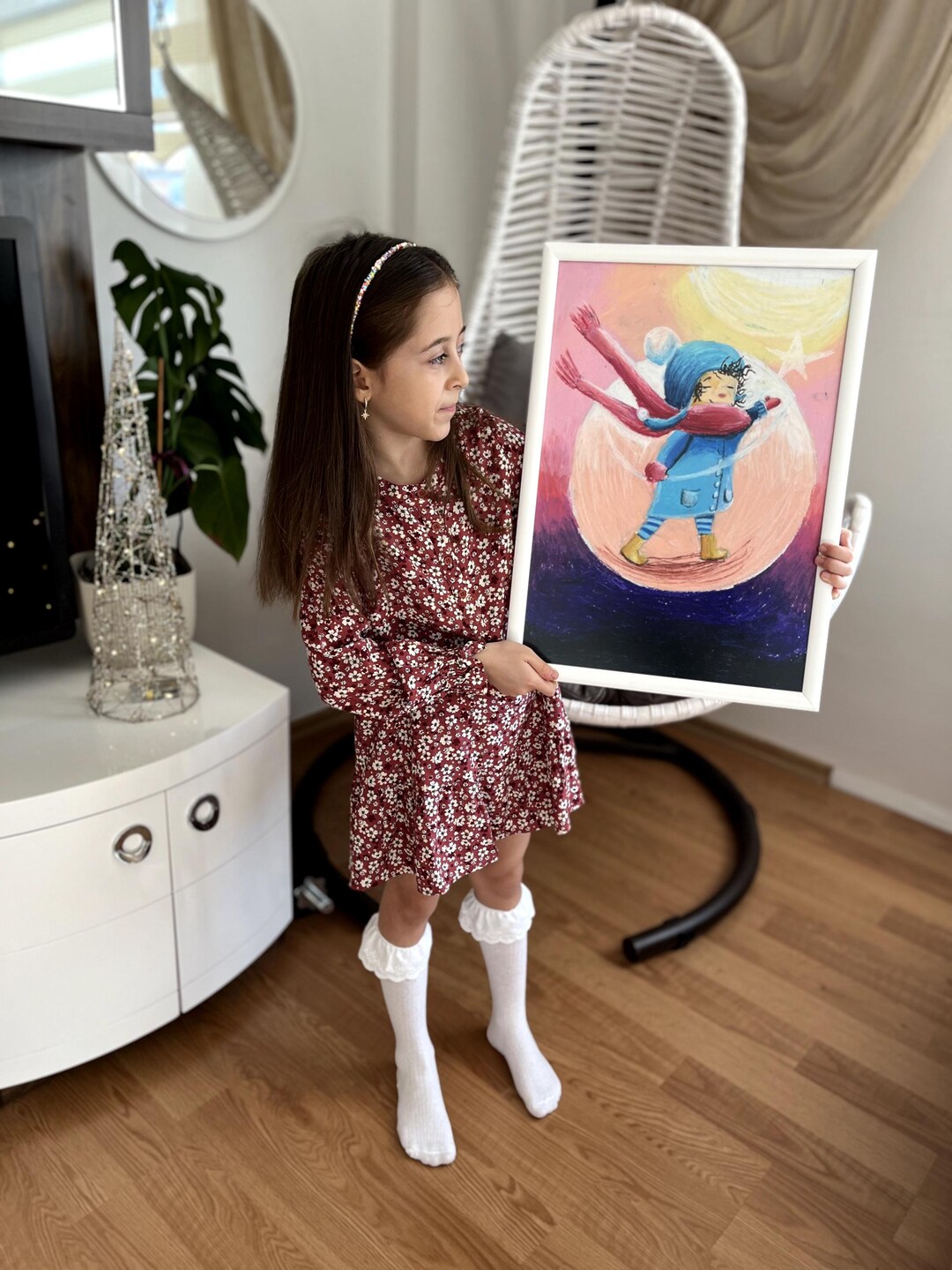 Handmade Pastel Drawing - Winter Child Illustration, Whimsical Art ...