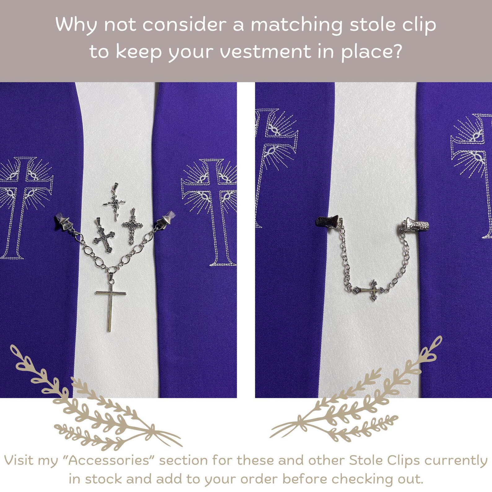 Full Length Purple Lent Minister Clergy Stole With Embroidered Cross ...
