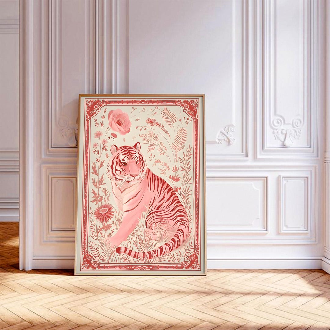 Boho Tigers Floral Wall Art - Pink Tiger Animal Print, Trendy Wall Art ...