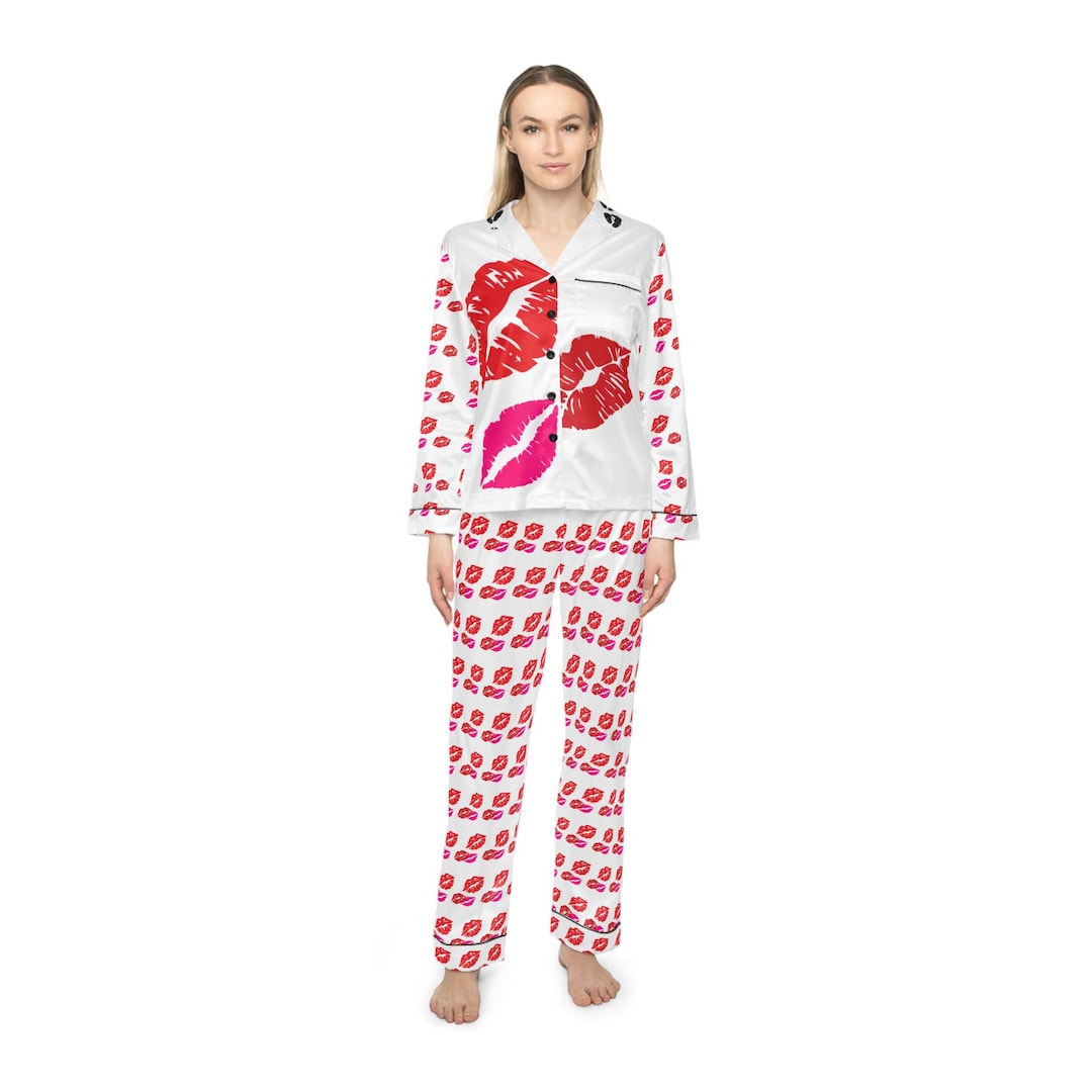 Kiss Print Satin Pajamas, Luxurious Sleepwear, Valentine's Gift, Women ...