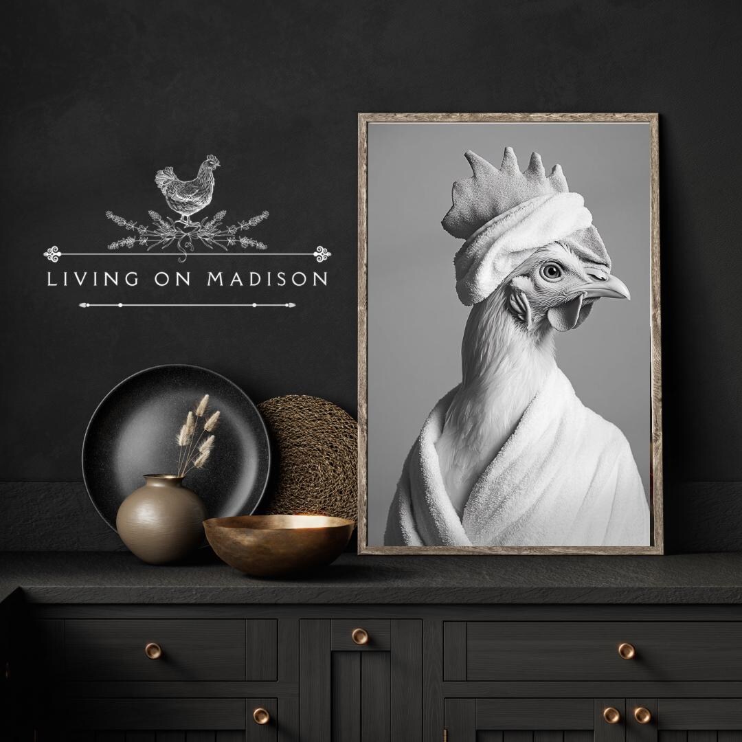 Giclée Art Print Black and White Chicken Bathroom Wall Art, Chicken in ...