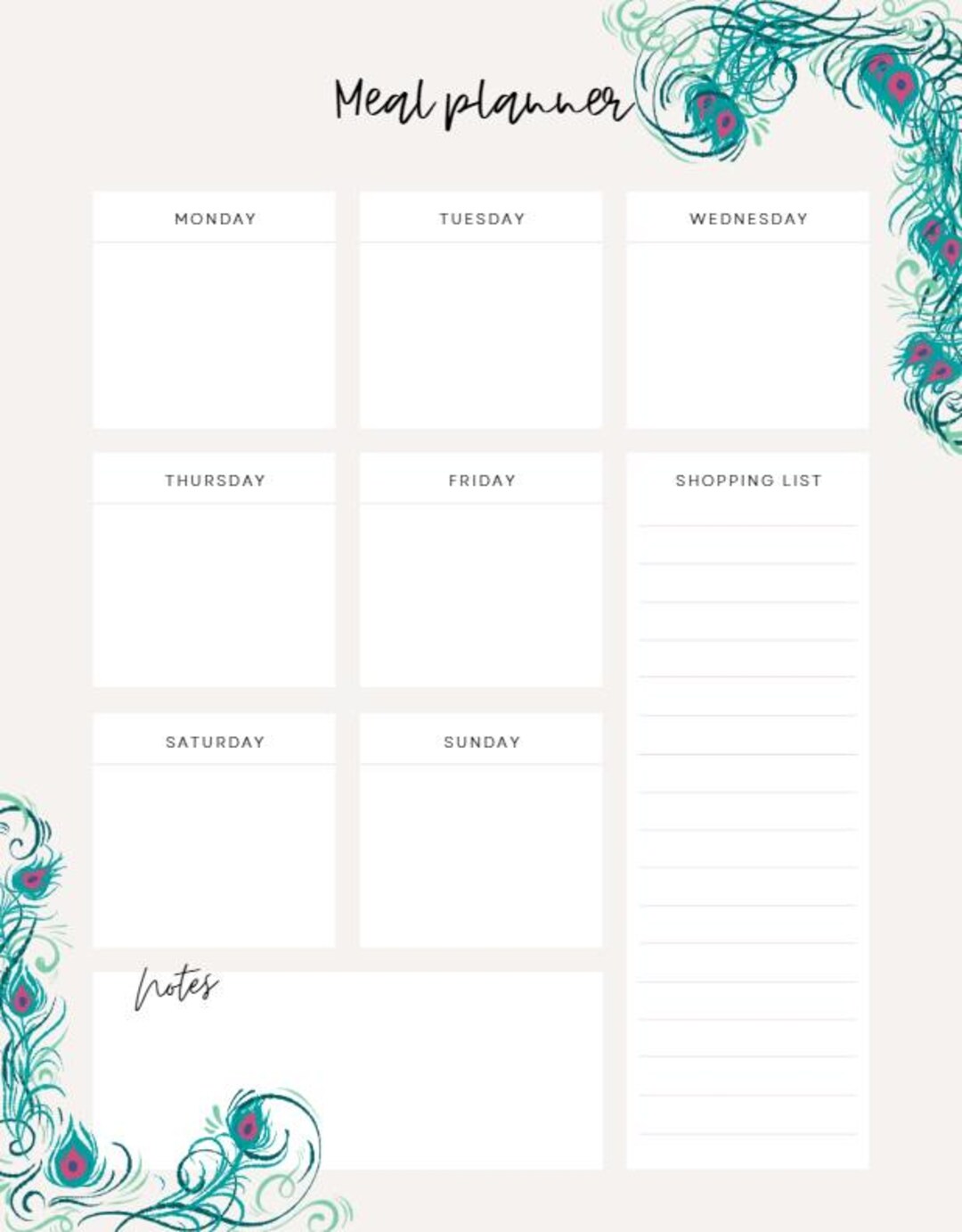 Peacock Weekly Meal Planner Template - Etsy