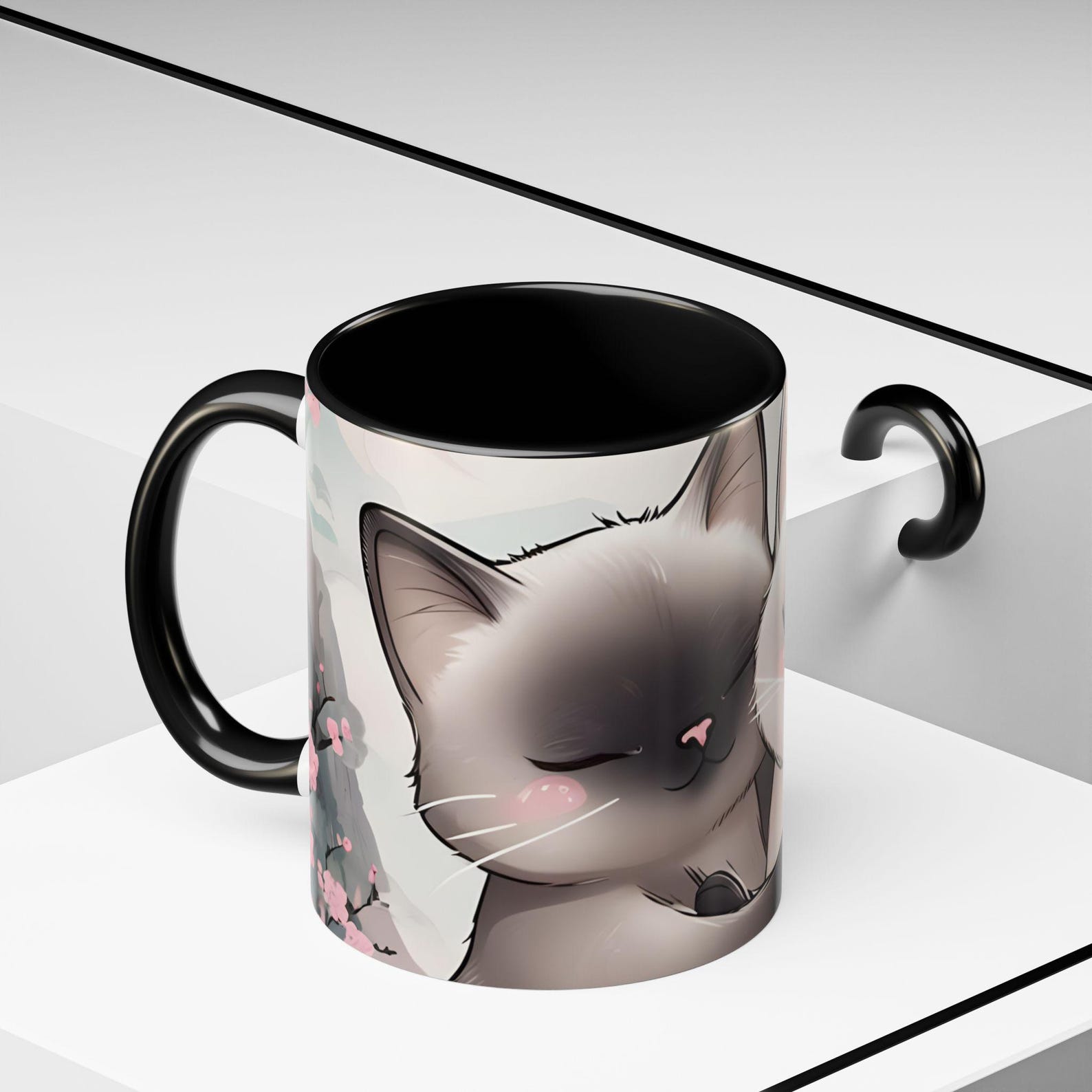 Coffee or Tea Mug, Siamese Cats Cherry Blossoms Hearts Design, Cat ...