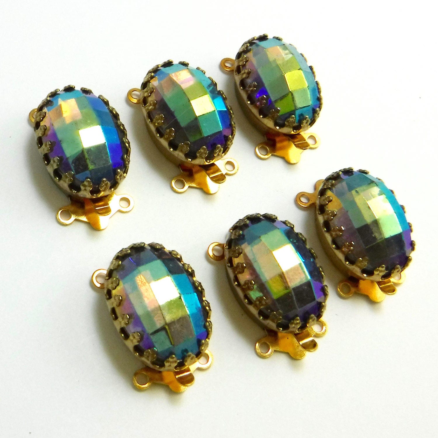 Ornate Gold Clasp Blue AB Vintage Glass Cabochon in Gold Crown - Etsy