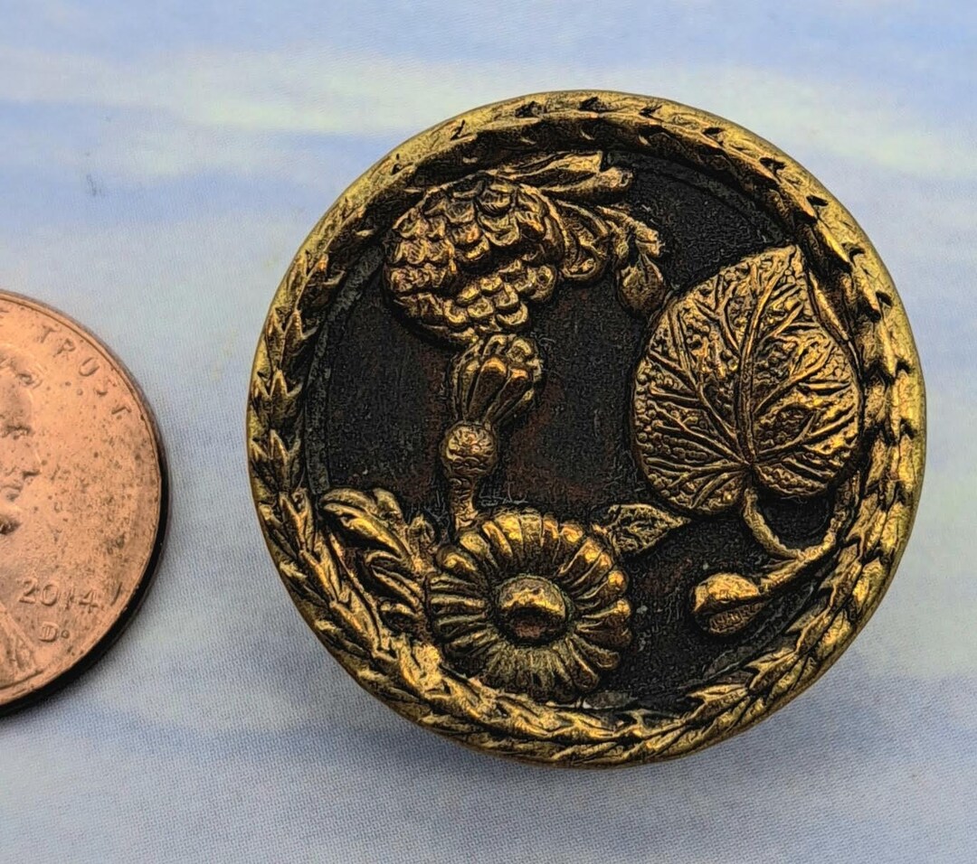 Antique Victorian Button 1 Inch Ornate Floral Brass Button Picture ...