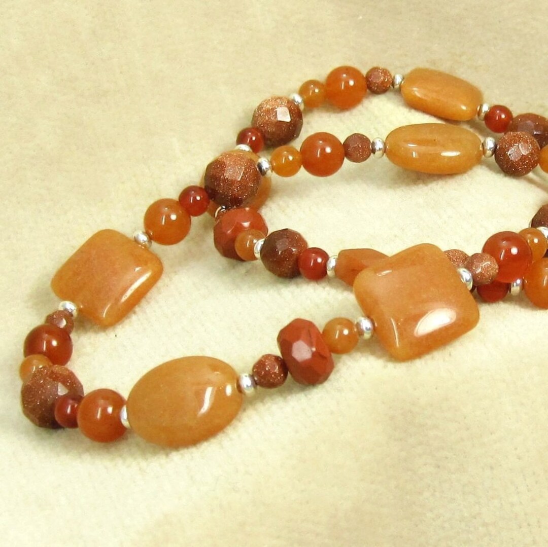 Genuine Orange Jade Carnelian Goldstone Gemstone Necklace Semi Precious ...