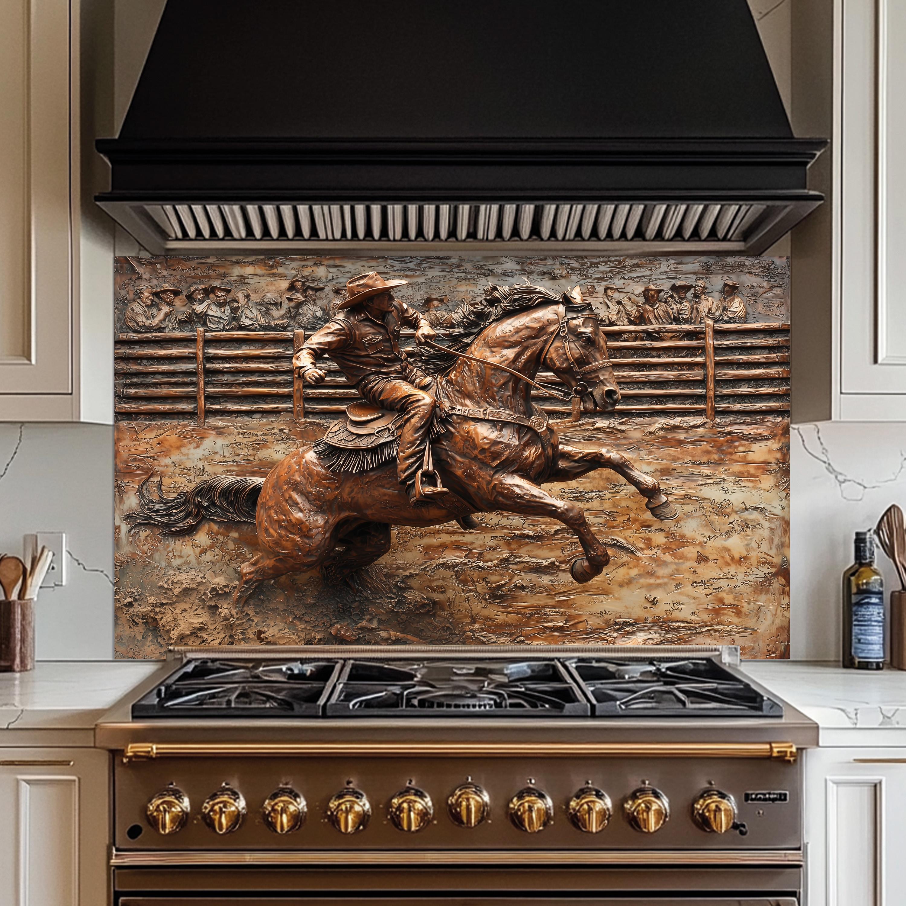 Arena Bronco Rider Glass Backsplash, Tempered Glass Kitchen Backsplash, Western Rustic ...
